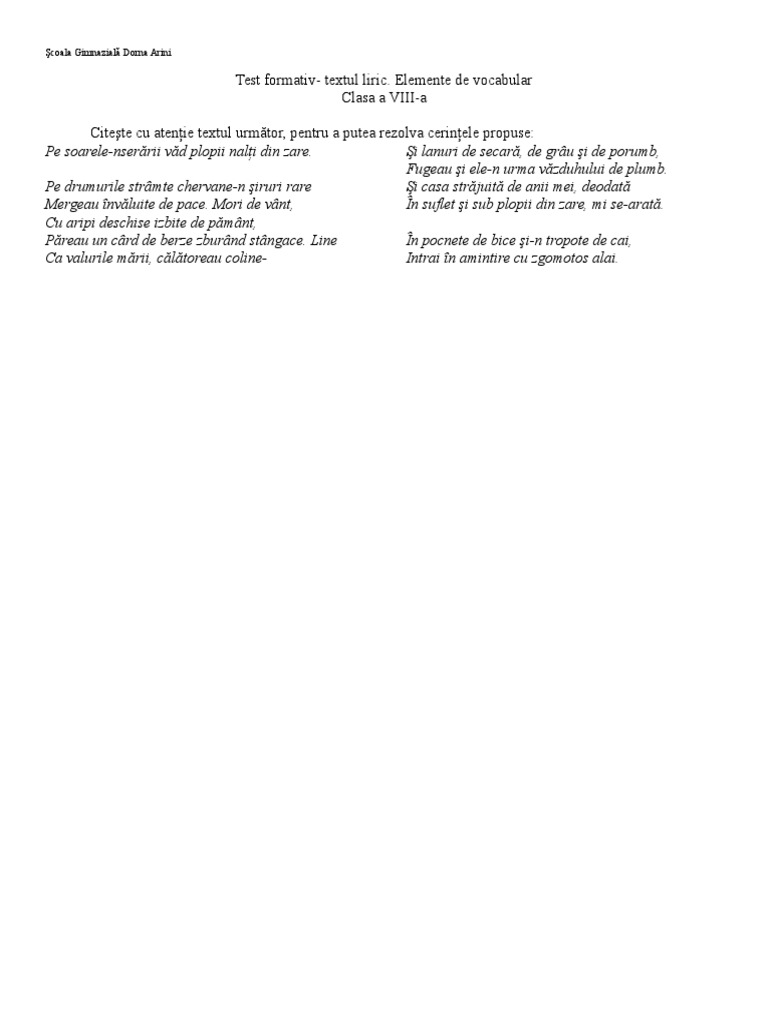Textul Liric Cu Elemente de Vocabular Clasa A 8-A Evaluare Nationala | PDF