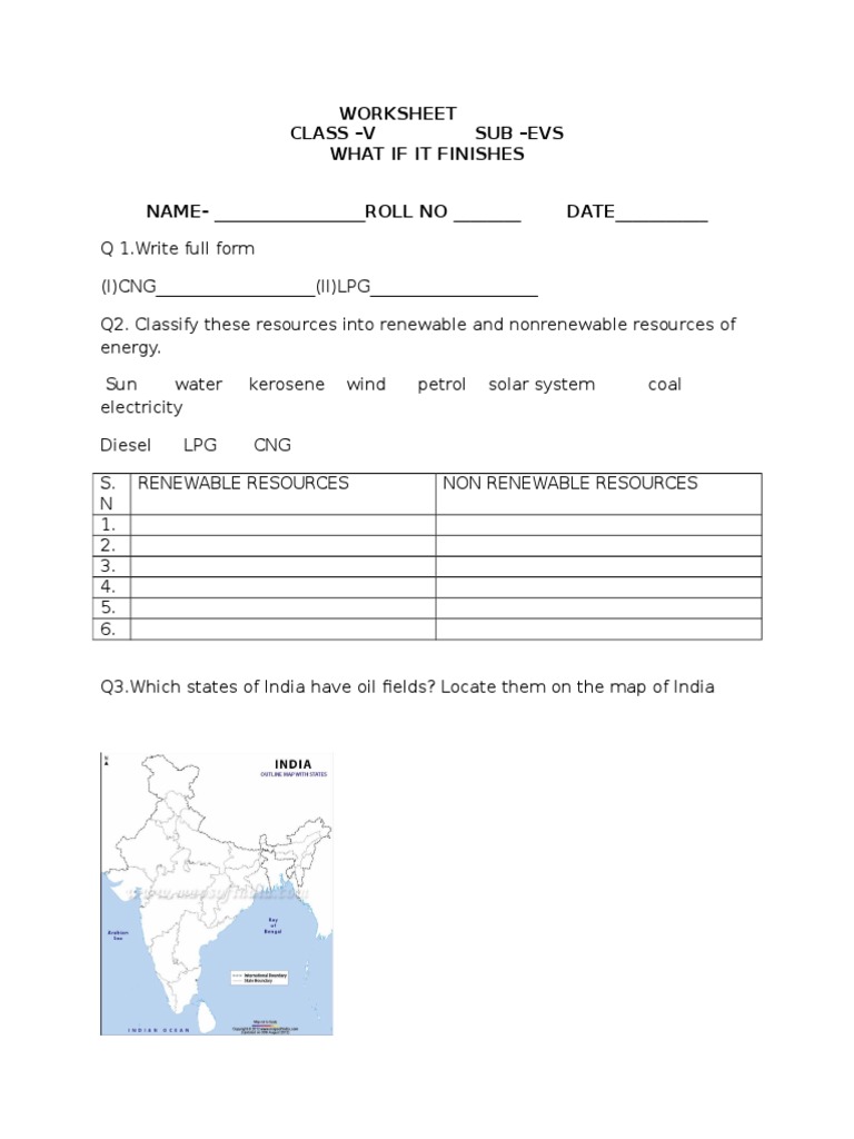 Worksheet Class - V Sub - Evs What If It Finishes NAME - ROLL NO - DATE ...