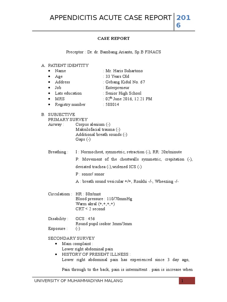 Case Report Appendicitis Acute | PDF | Symptoms And Signs | Medicine