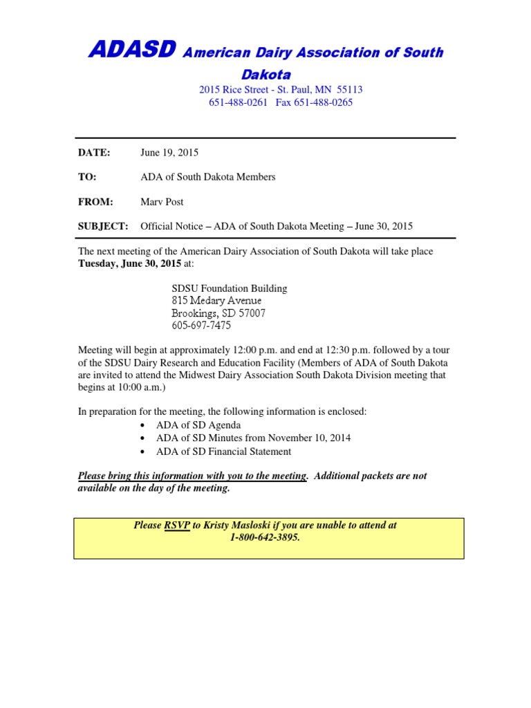 ADA South Dakota Meeting Notice 2015 | PDF | Sports & Recreation ...