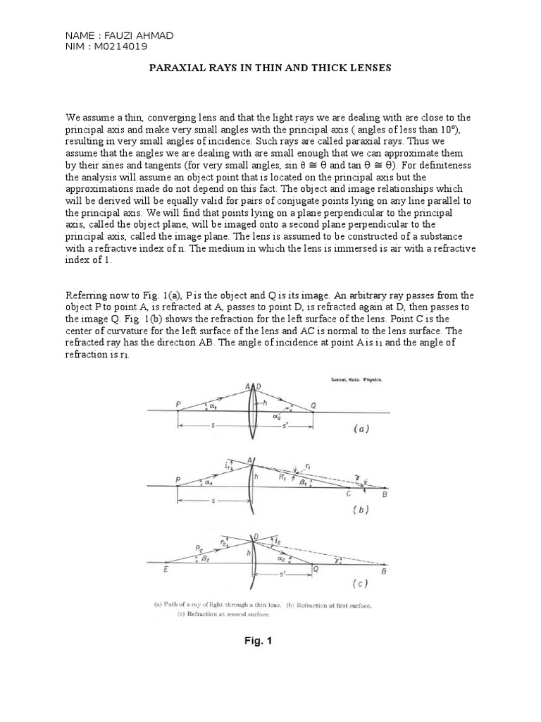 PARAXIAL RAYS IN THIN AND THICK LENSES.docx | Lens (Optics ...