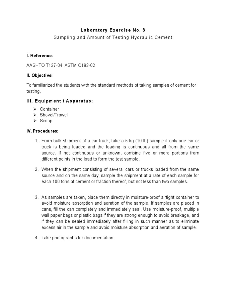 Lab Report 8 Sampling and Amount of Testing Hydraulic Cement | PDF