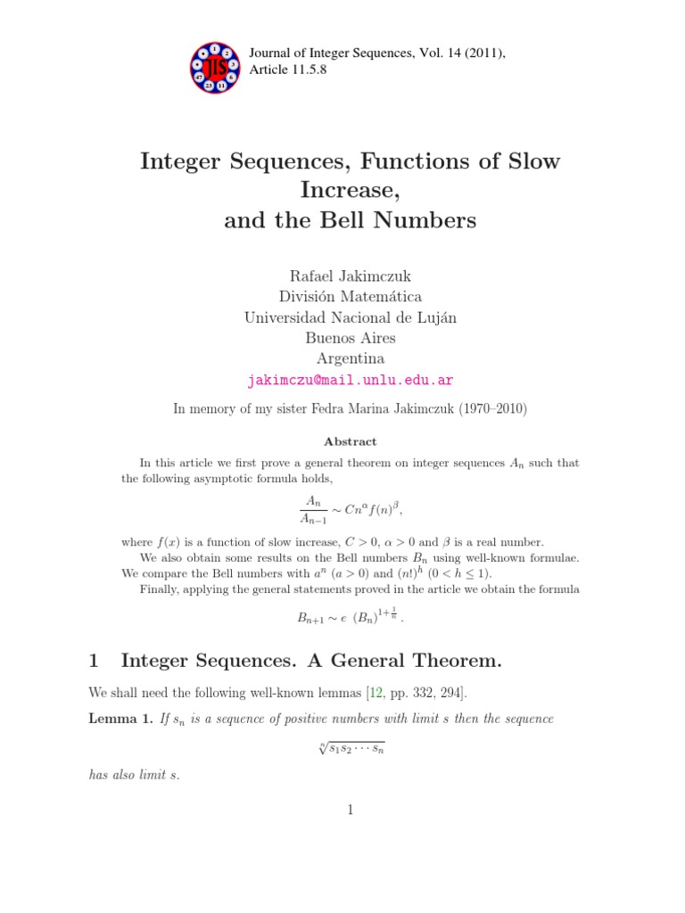 Integer Sequences, Functions of Slow Increase, and The Bell Numbers ...