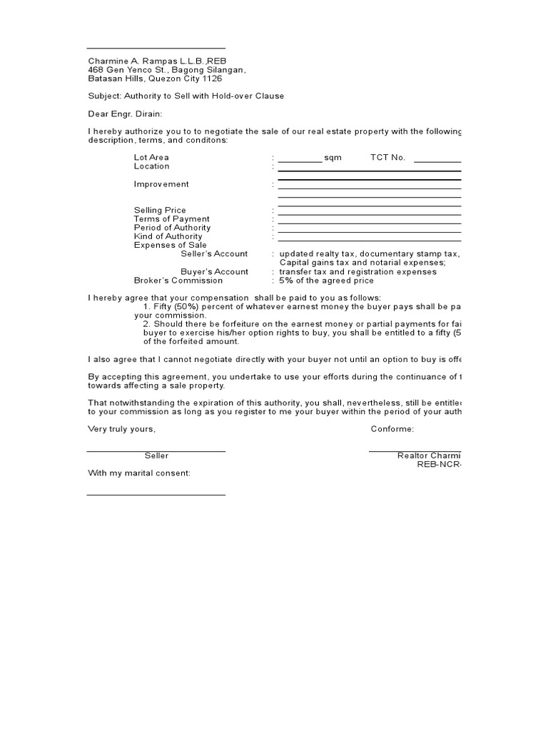 Authority To Sell With Hold-Over Clause ATS (Form) PDF | PDF