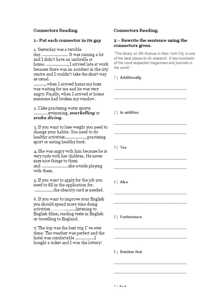 Connectors Worksheet | PDF