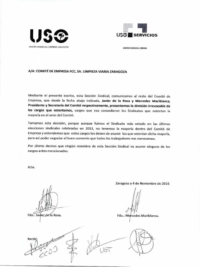 Dimision Presidente y Secretaria Del Comite de Empresa. | PDF