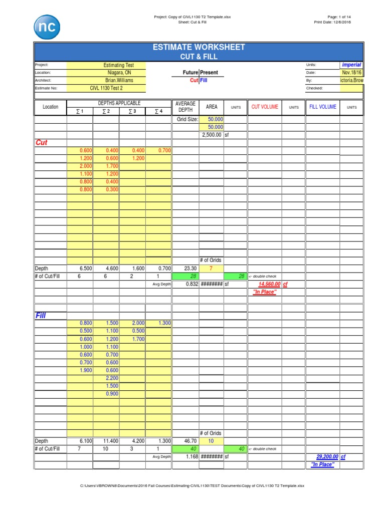 Cut and Fill Estimation Worksheet | PDF | Technology & Engineering