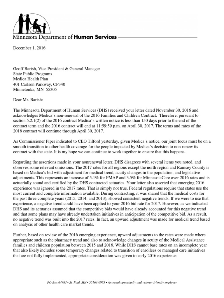 Letter from the MN Dept. of Human Services to Medica | United States ...