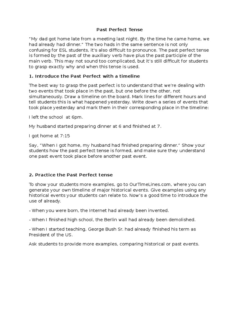 Past Perfect Tense | PDF | Perfect (Grammar) | Adverb