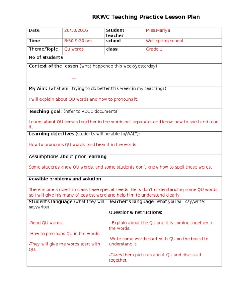 RKWC Teaching Practice Lesson Plan: Say/write) | PDF