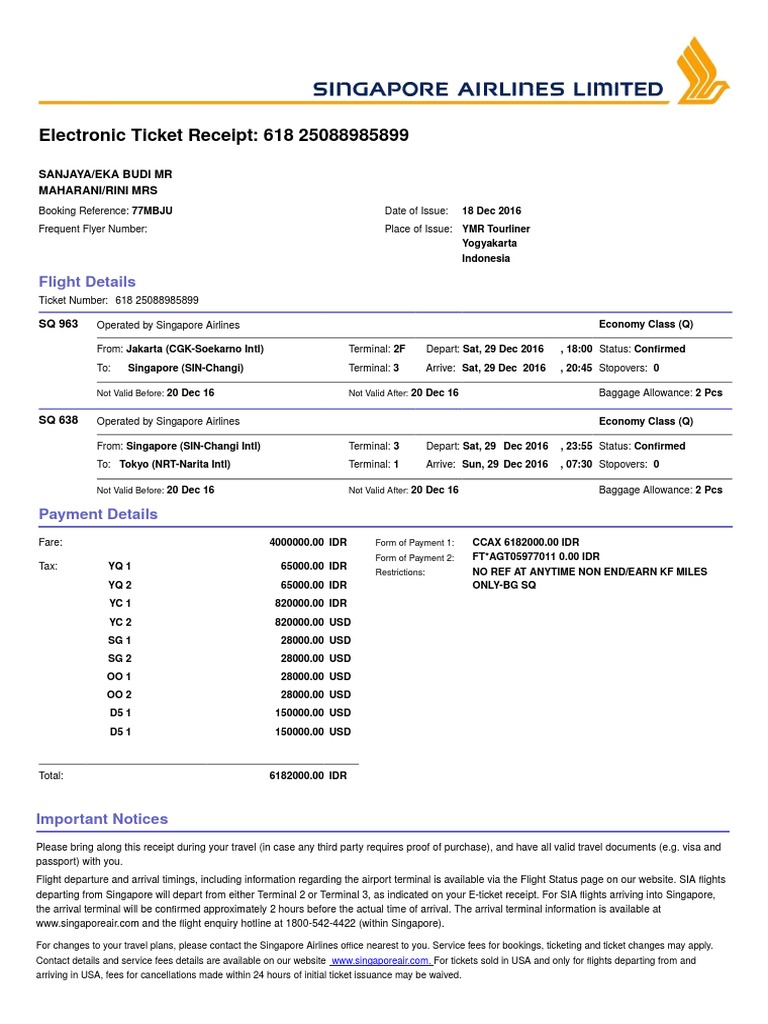 Ticket SQ CGK Sin NRT | PDF | Fee | Aviation
