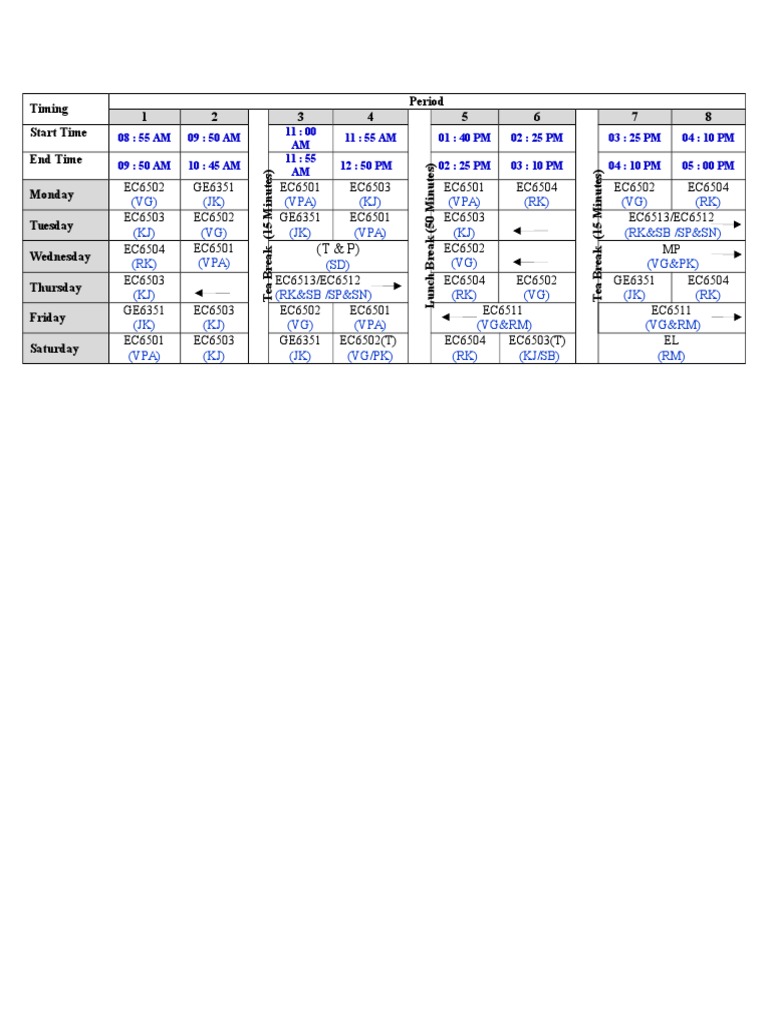 Timing Period 1 2 3 4 5 6 7 8 Start Time End Time Monday Tuesday ...