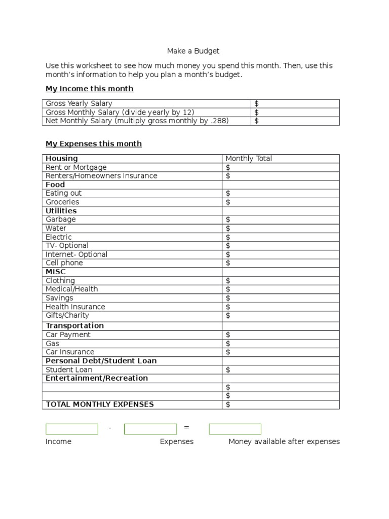 Monthly Budget Worksheet Template | PDF | Social Science