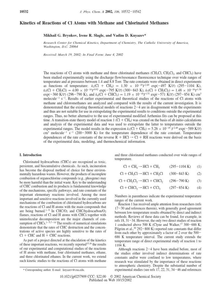 Kinetics of Reactions of CL Atoms With Methane and Chlorinated Methanes ...