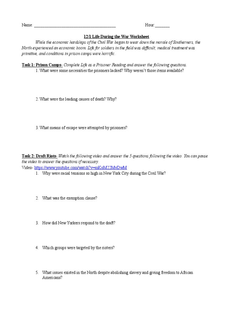 12/1 Life During The War Worksheet | PDF | History