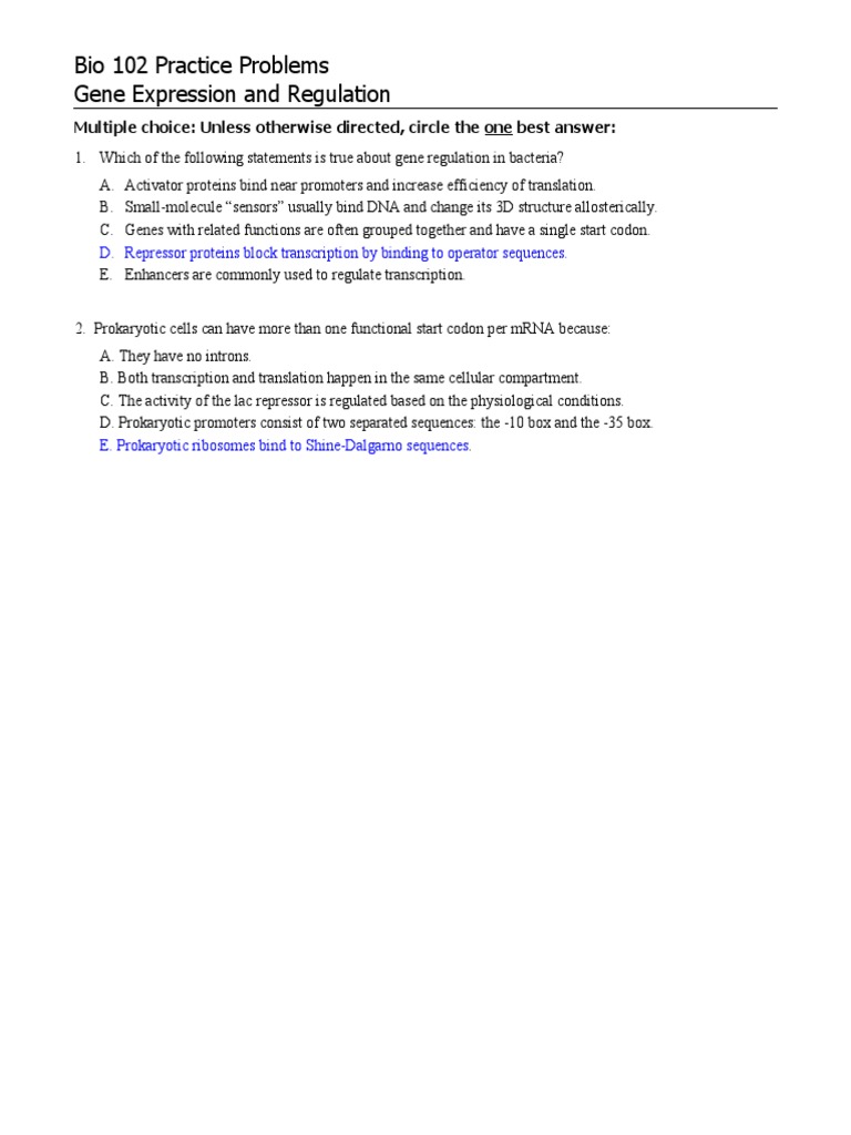 Bio 102 Practice Problems Gene Expression and Regulation | PDF | Operon ...