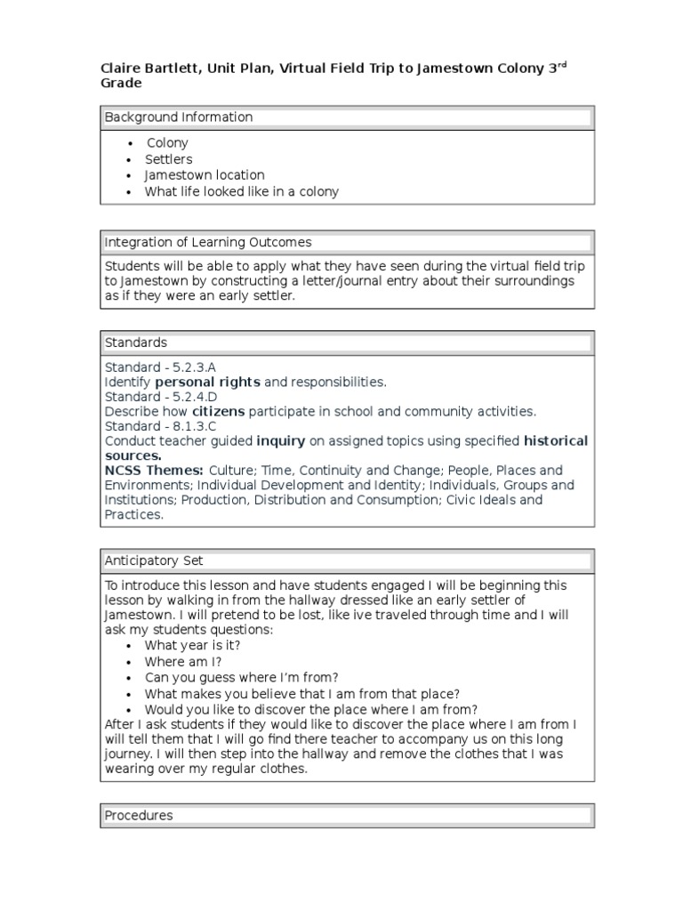 Claire Bartlett, Unit Plan, Virtual Field Trip To Jamestown Colony 3 ...