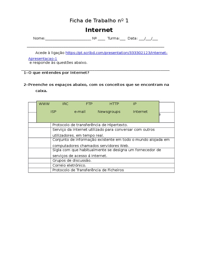 Ficha de Trabalho Internet 1 | PDF
