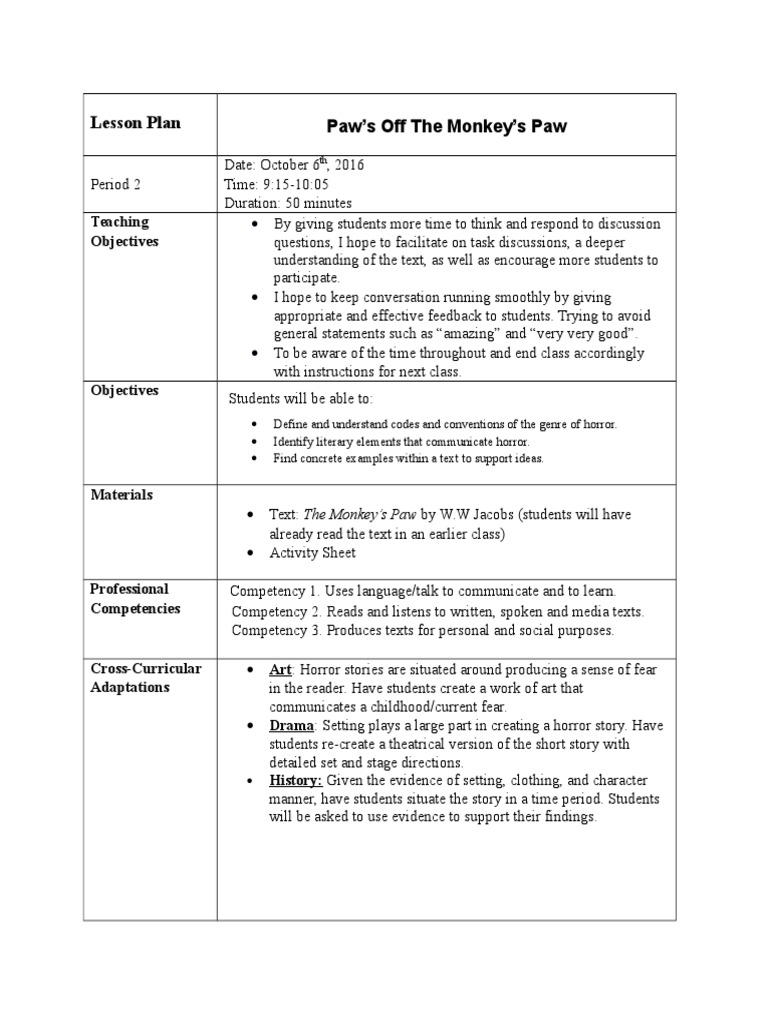 Monkey Paw-Lesson Plan Final | PDF
