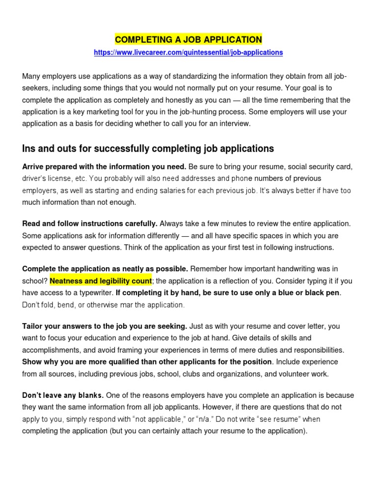 Completing A Job Application | PDF | Résumé | Labour