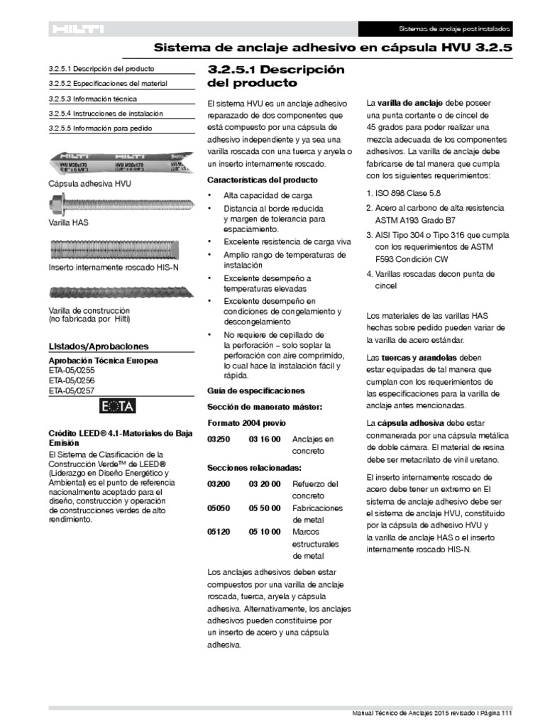 Catalogo Pernos Hilti HVU | PDF | Cloruro | Acero