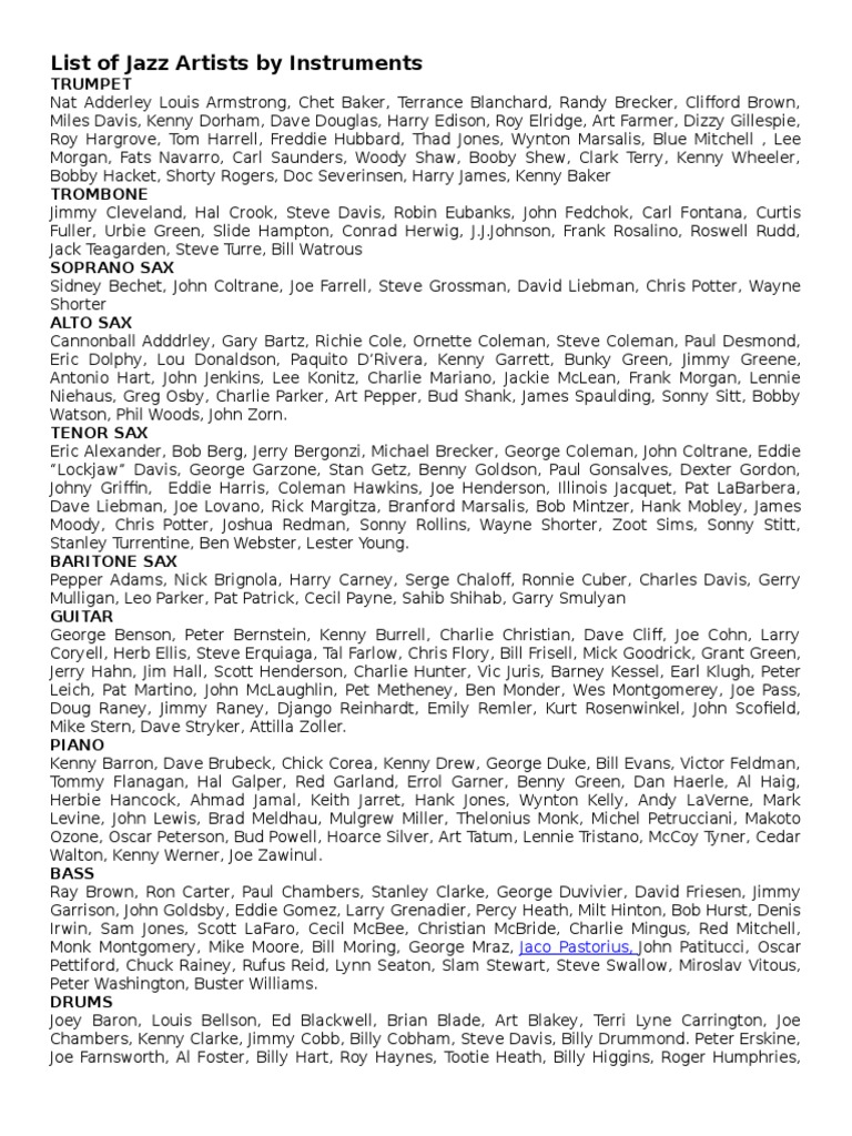 Jazz Artists by Instrument List | PDF