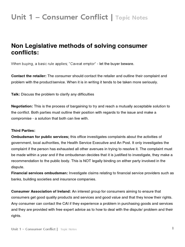 Unit 1 - Consumer Conflict - : Non Legislative Methods of Solving ...