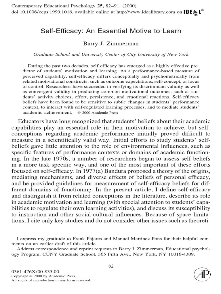 Zimmerman. Self Efficacy An Essential Motive To Learn | PDF | Self Efficacy | Motivation