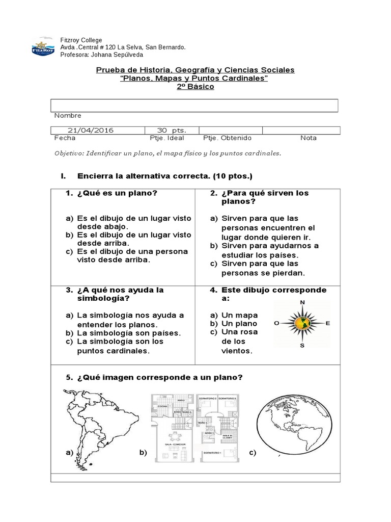 Evaluación Planos, Mapas y Puntos Cardinales Prueba Definitiva | PDF ...