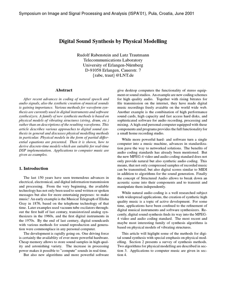 Digital Sound Synthesis by Physical Modelling | PDF