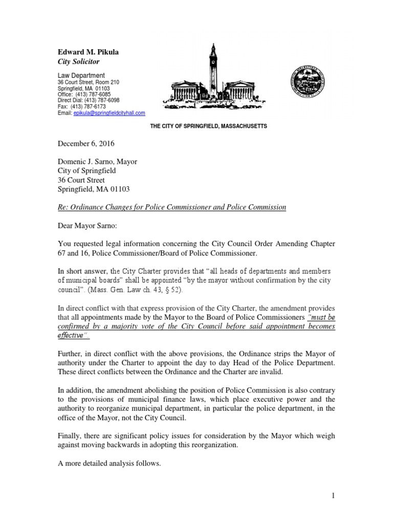 Letter to Mayor Re New Ordinance for Police Commission | Mayor | City ...