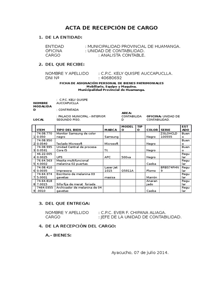 Acta de Recepción de Cargo | PDF