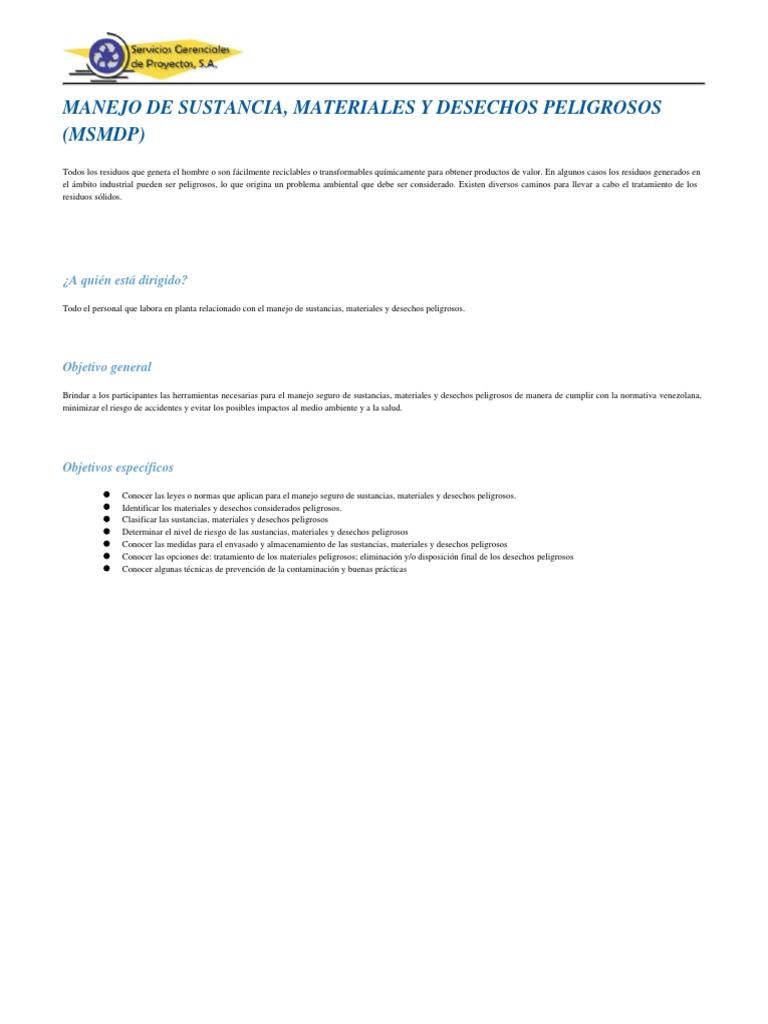 Manejo de Sustancia, Materiales y Desechos Peligrosos (MSMDP) | PDF | Mercancías peligrosas ...