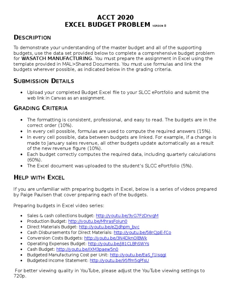 Acct 2020 Excel Budget Problem Description Master Version B | PDF ...