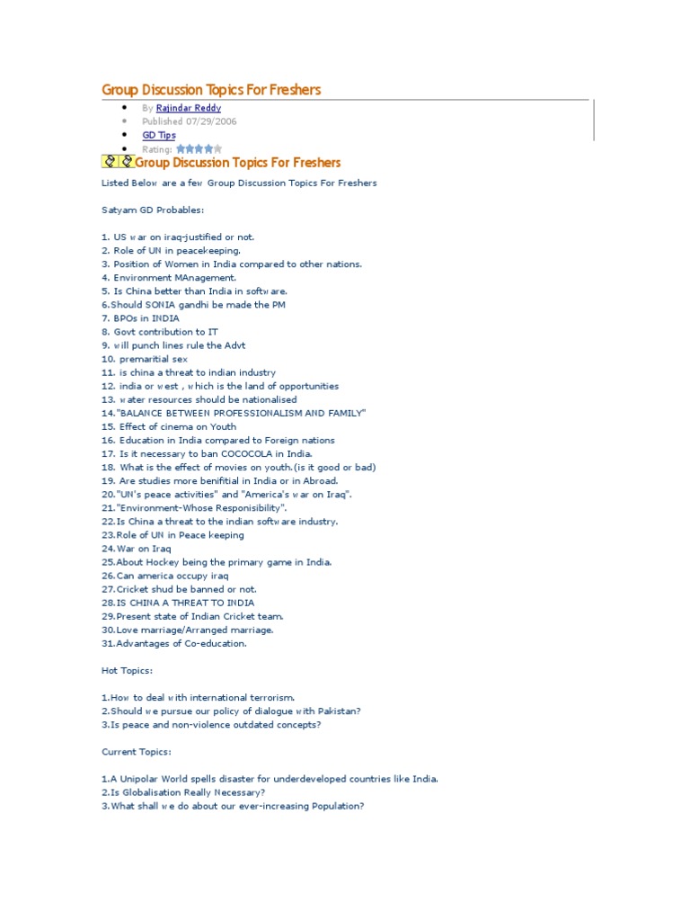 Group Discussion Topics For Freshers | PDF | Globalization | Economic ...
