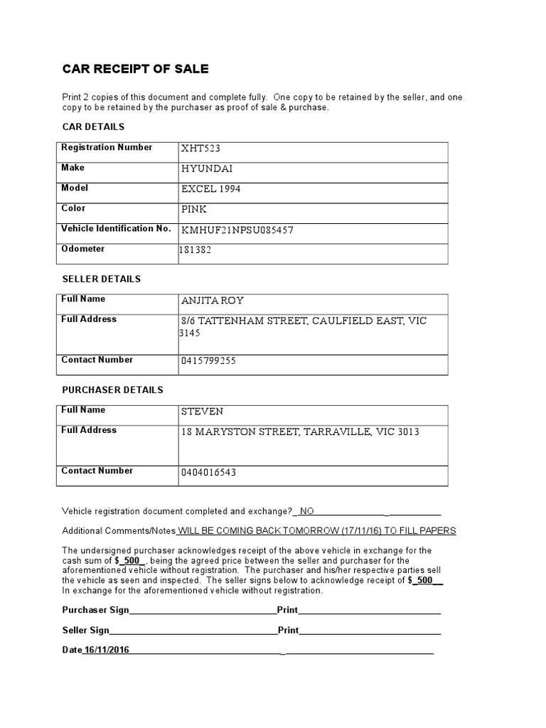 Car Sale Receipt Template | PDF | Receipt | Motor Vehicle