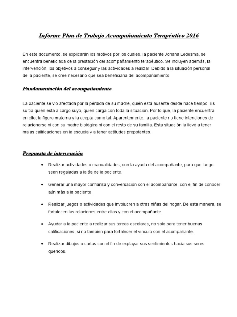 Informe Plan de Trabajo Acompañamiento Terapéutico 20166 | Subjetividad | Terapia