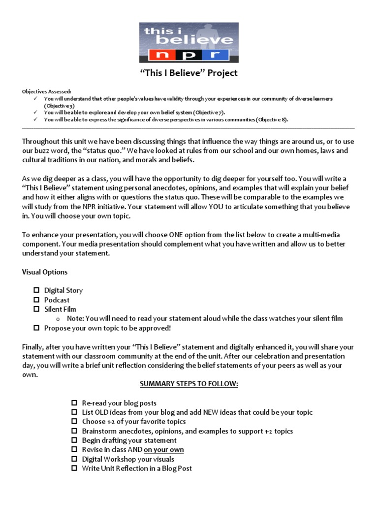 This I Believe: Personal Belief Statements | PDF | Cognition ...