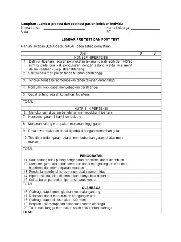 Lampiran Lembar Pre Test Dan Post Test Pasien Kelolaan | PDF
