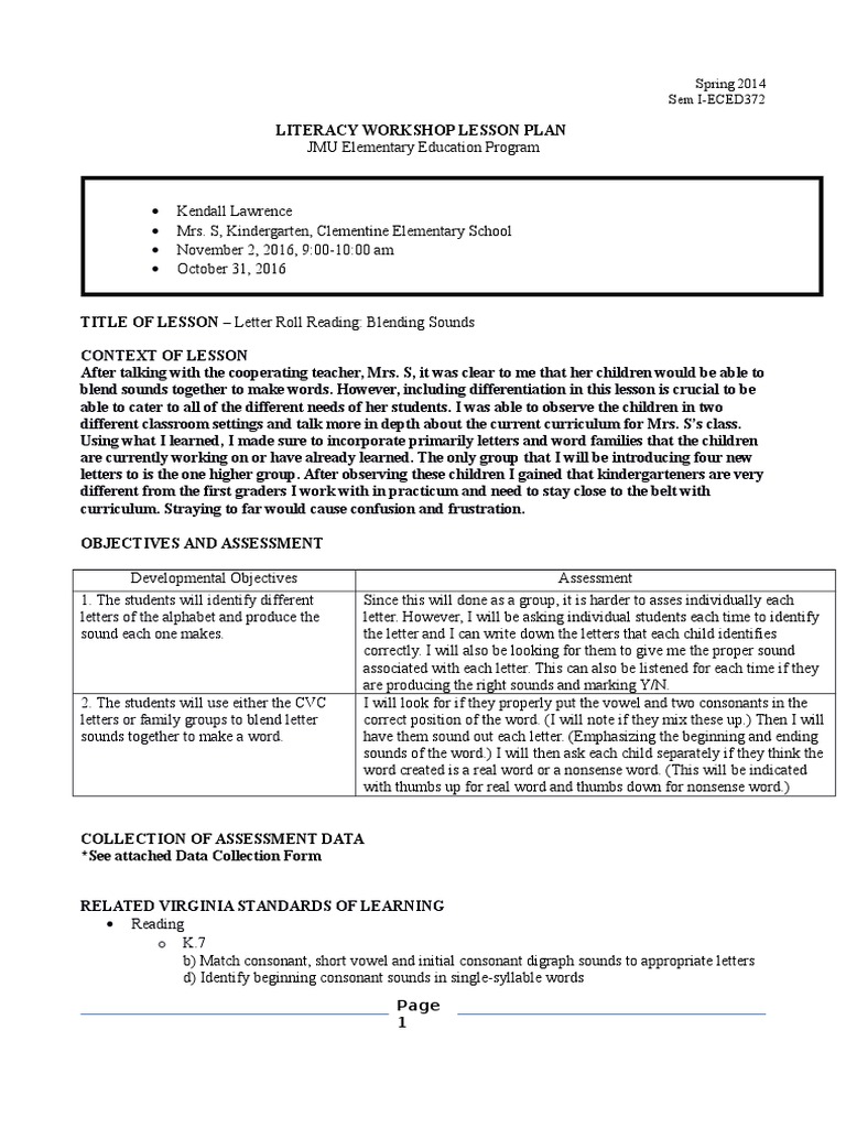 Eced 372 Literacy Workshop Lesson Plan | PDF | Lesson Plan | Consonant