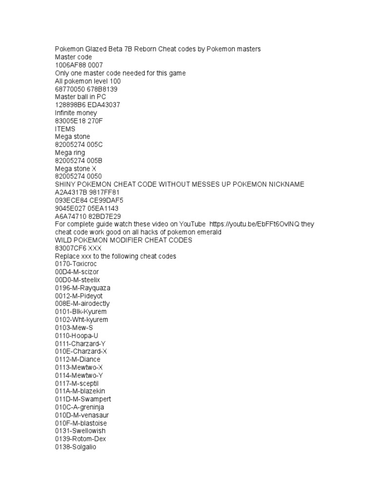 Pokemon Glazed Beta 7B Reborn Cheat Codes by Pokemon Masters | PDF ...