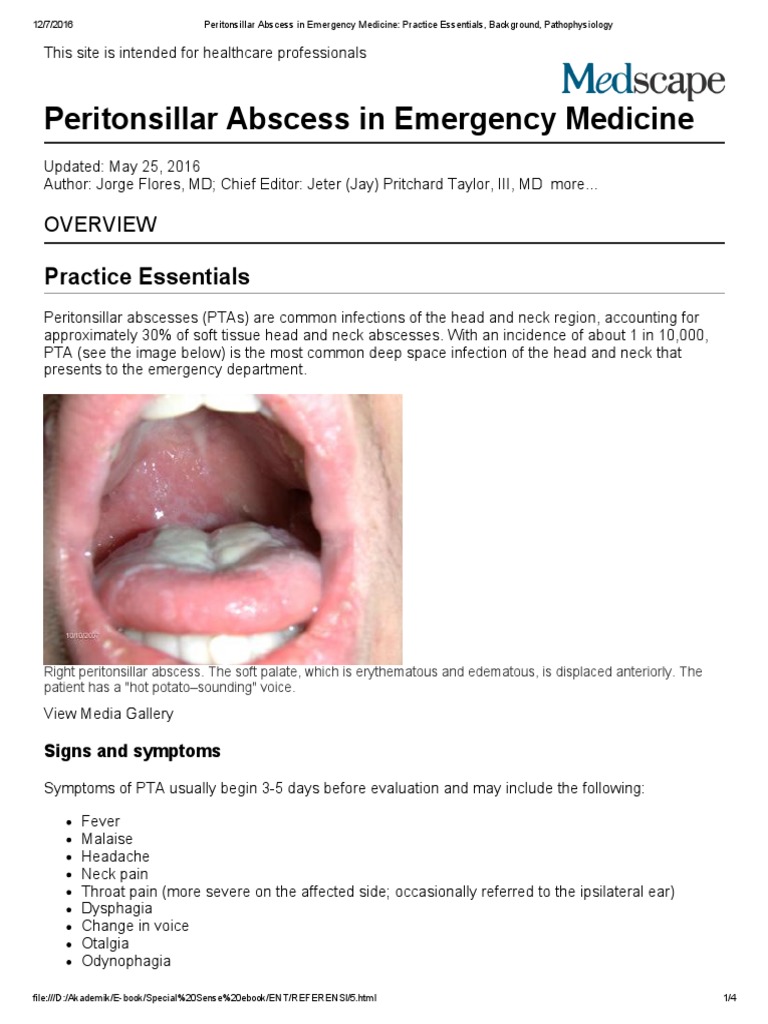 Peritonsillar Abscess in Emergency Medicine: Practice Essentials | PDF ...