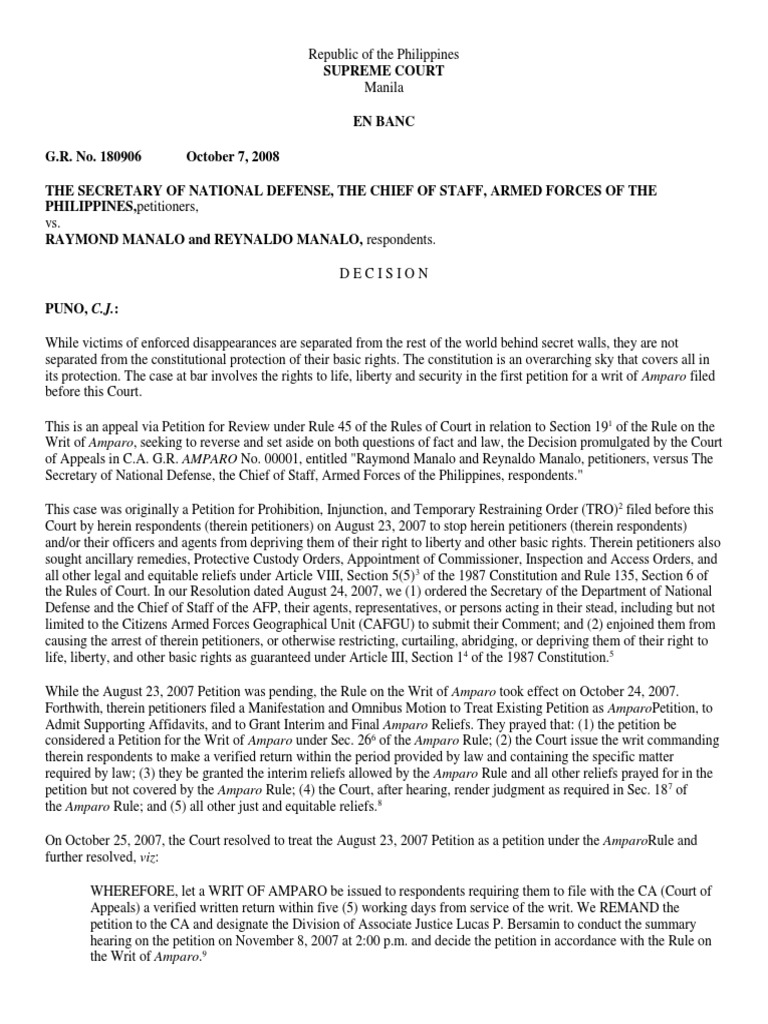 Philippines Writ of Amparo Case | PDF | Separation Of Powers | Public Law
