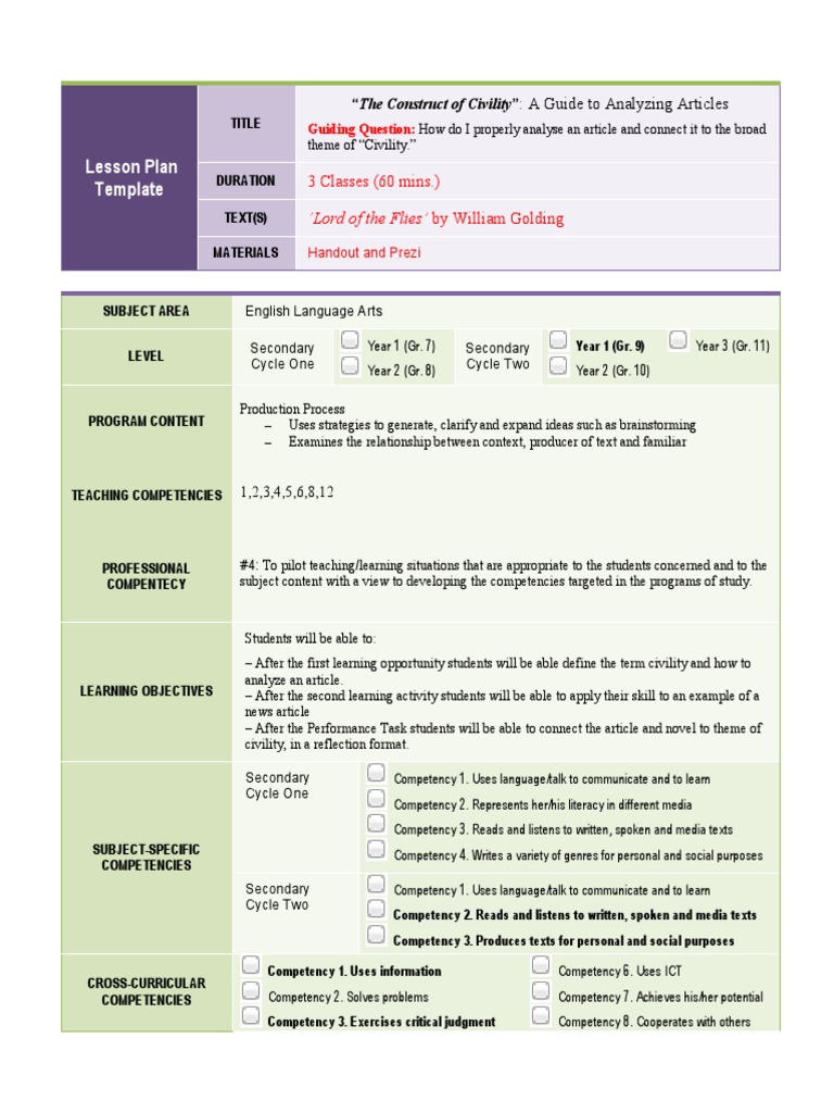 Lesson Plan Template: 3 Classes (60 Mins.) | PDF | Competence (Human ...