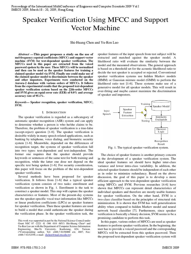 Speaker Verification with MFCC & SVM | PDF