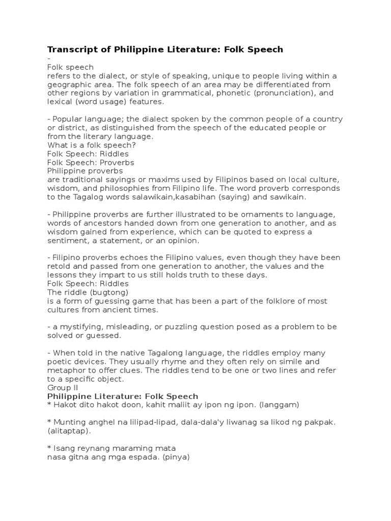 Folk Speech in the Philippines | Riddle | Folklore