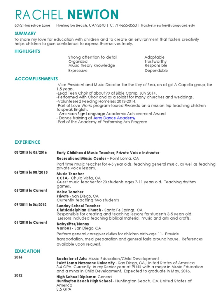 Music Education Resume of Rachel Newton | PDF