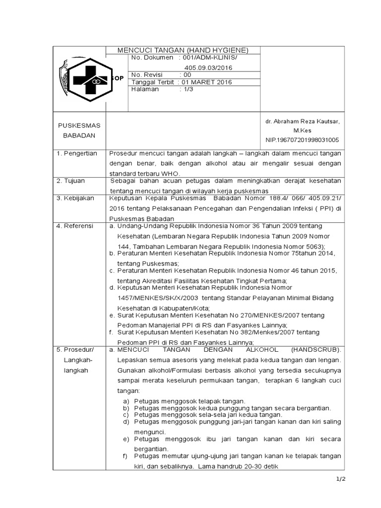 1 Sop Mencuci Tangan (Hand Hygiene) | PDF