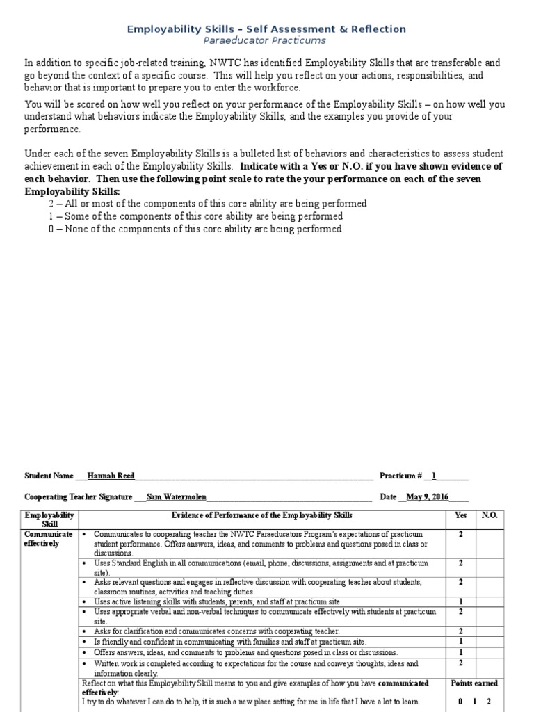 Employability Skills - Self Assessment & Reflection | PDF | Educational ...