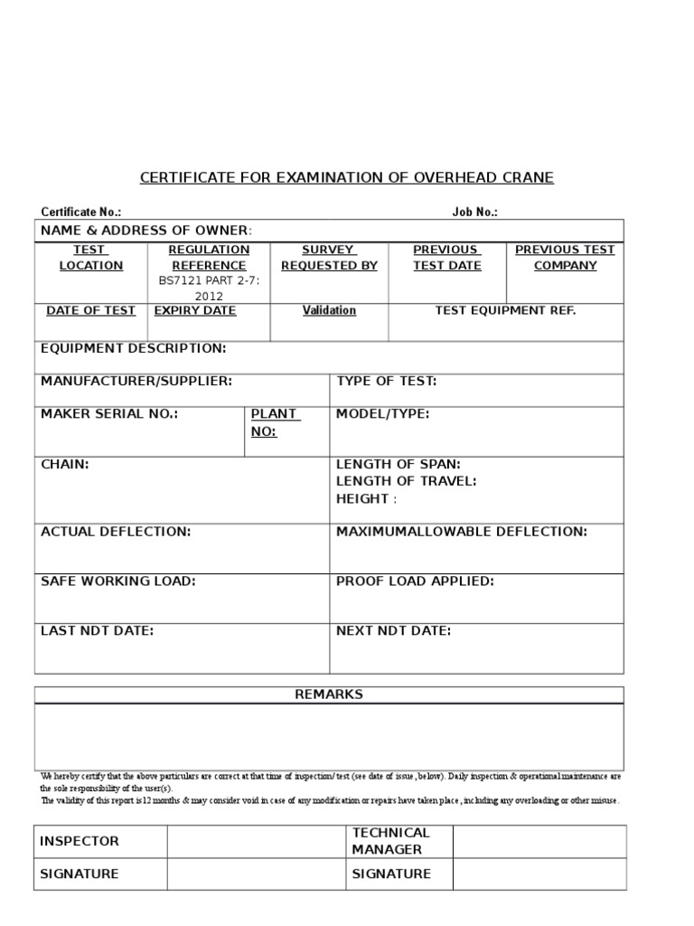 Certificate For Examination of Overhead Crane | PDF